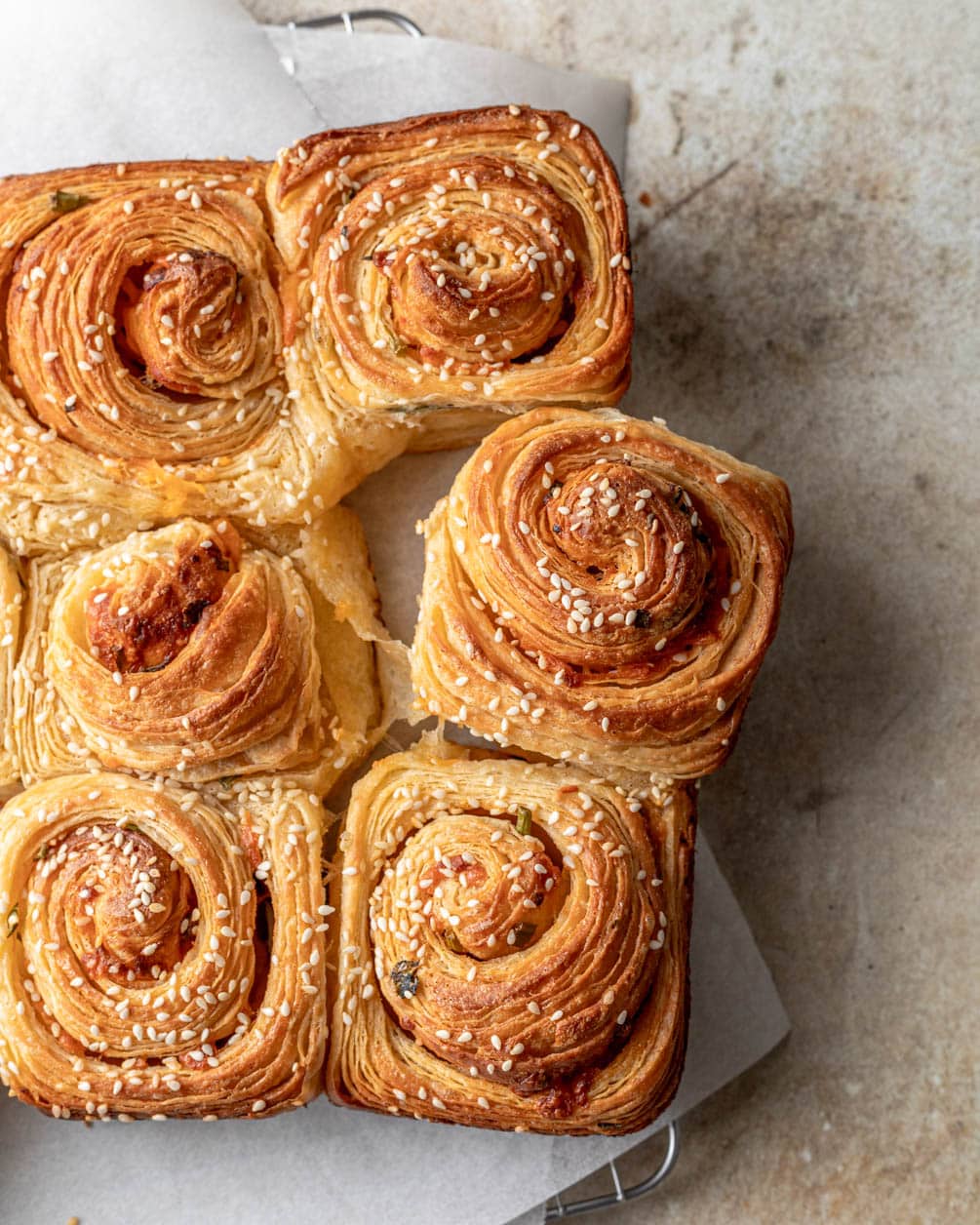Flaky croissant-style scallion pastry rolls | Halicopter Away